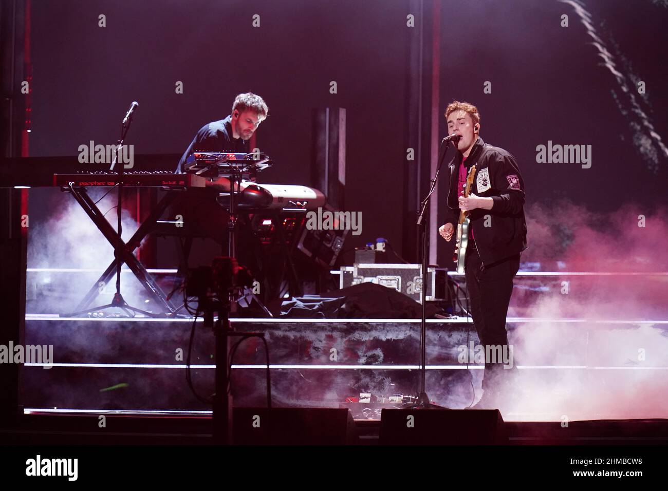 Sam Fender performs during the Brit Awards 2022 at the O2 Arena, London ...