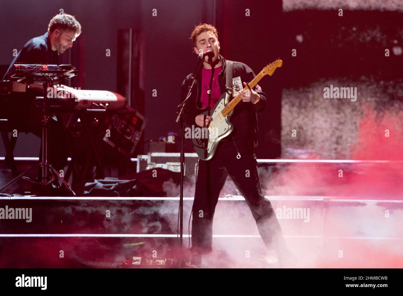 London, UK. 8 February 2022. Sam Fender on stage during the the Brit ...