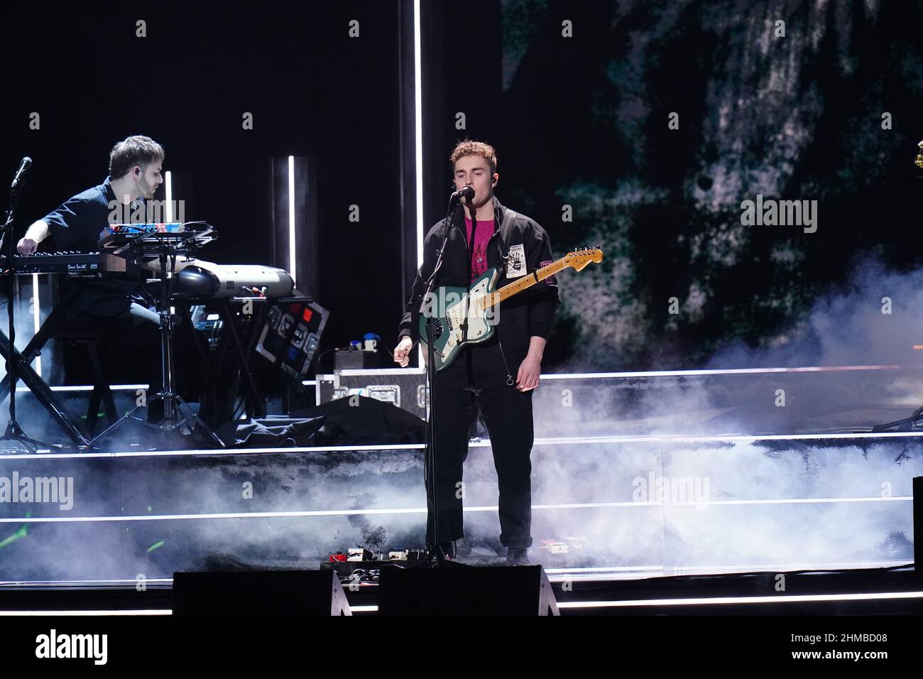 Sam Fender performs during the Brit Awards 2022 at the O2 Arena, London ...