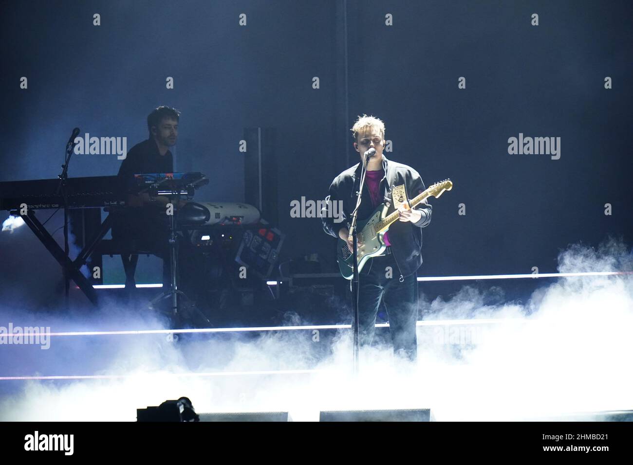 Sam Fender performs during the Brit Awards 2022 at the O2 Arena, London ...
