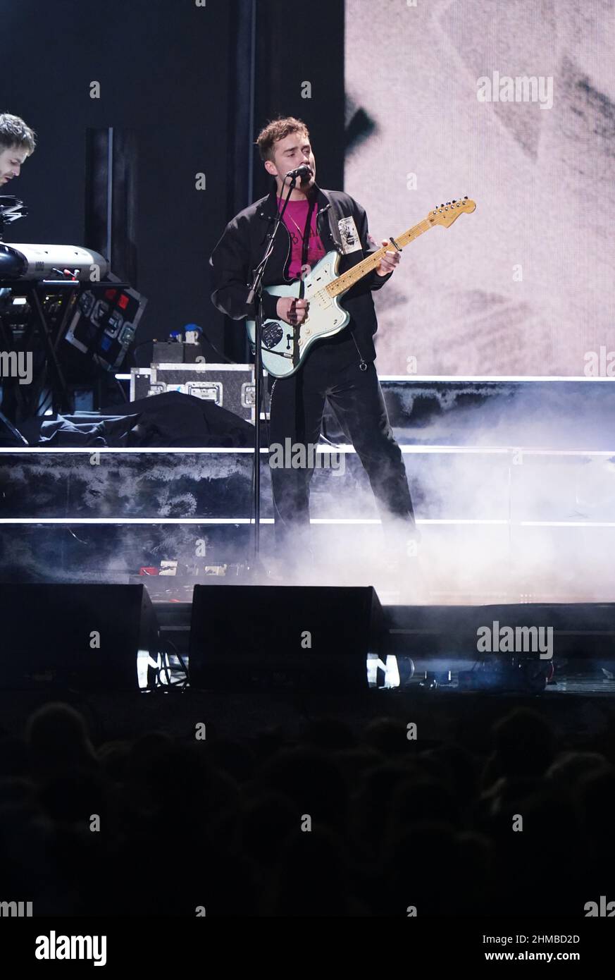 Sam Fender performs during the Brit Awards 2022 at the O2 Arena, London ...