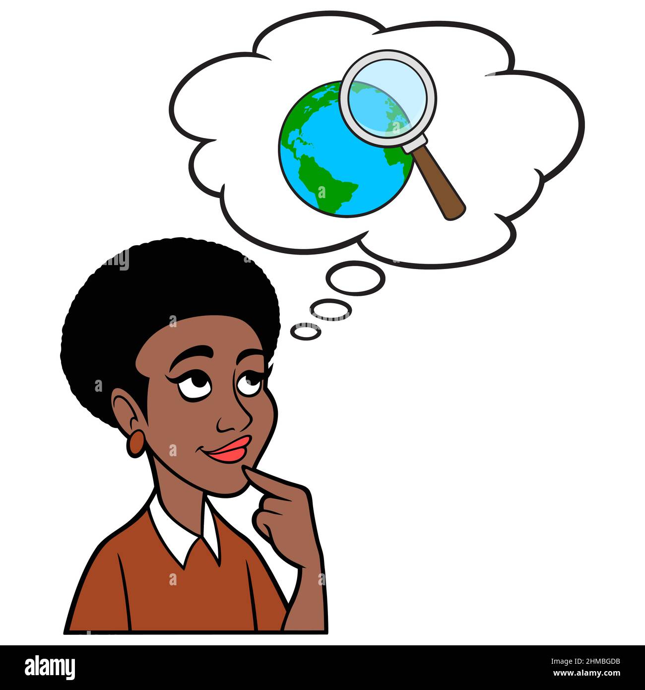 Black Woman thinking about Global Research - A cartoon illustration of ...