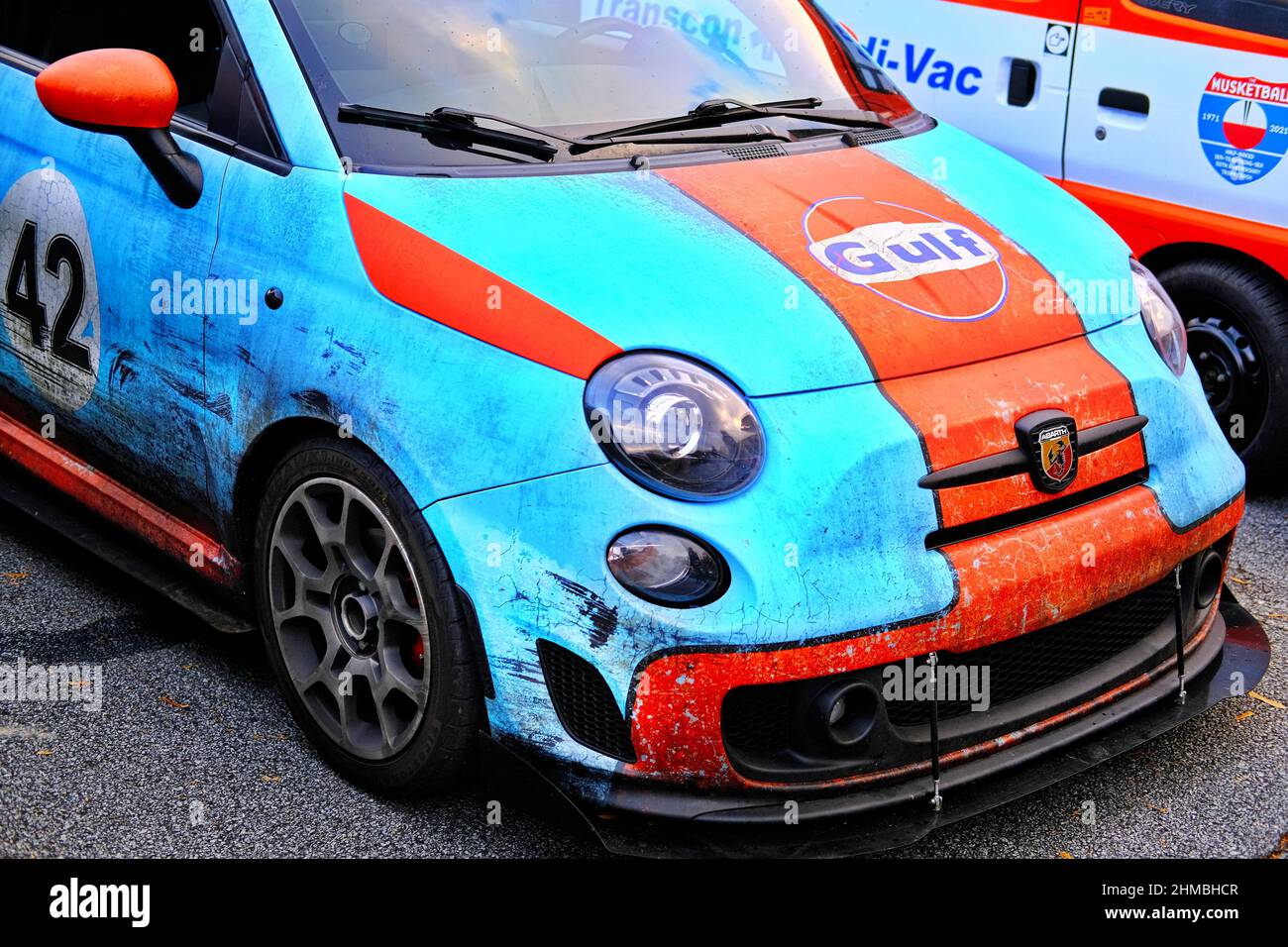Italian Abarth Race Car in Gulf Oil Colors Stock Photo - Alamy
