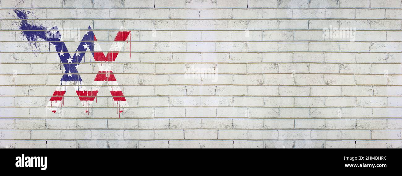 Banner heading USA Sabmyk symbol graffiti sprayed on white wall, copy ...