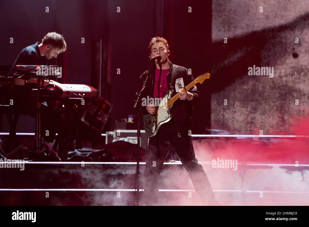 London, UK. 8 February 2022. Sam Fender on stage during the the Brit ...