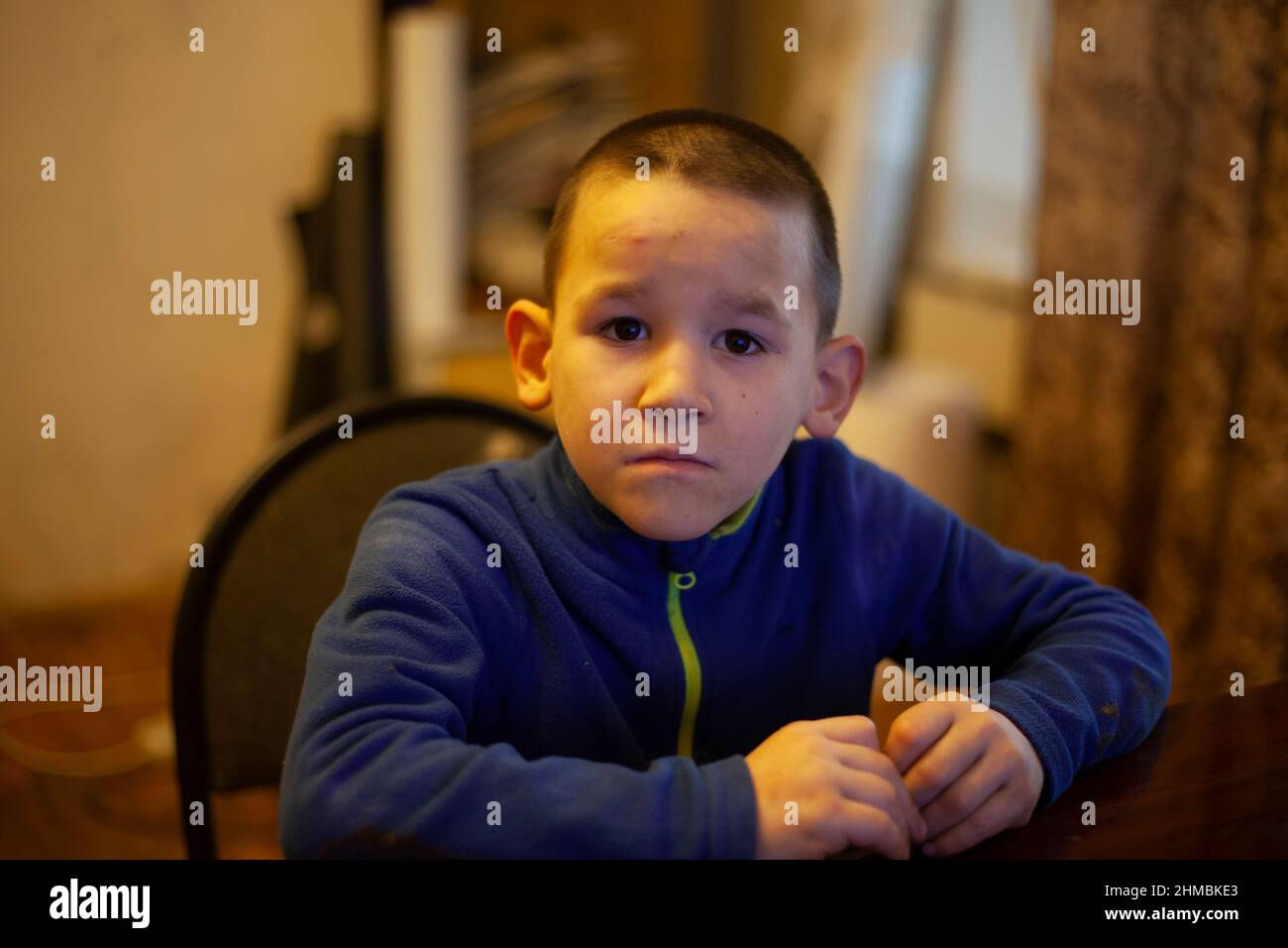 Portrait of child in room. Boy is home. Preschooler with calm ...