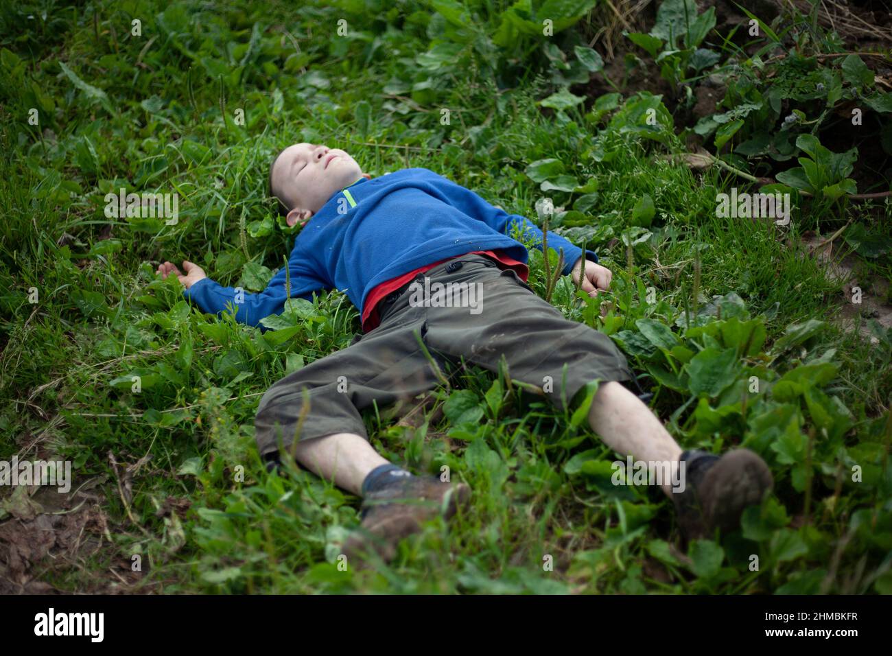 Child lies in grass. Boy fell to ground. Preschooler does not obey and ...