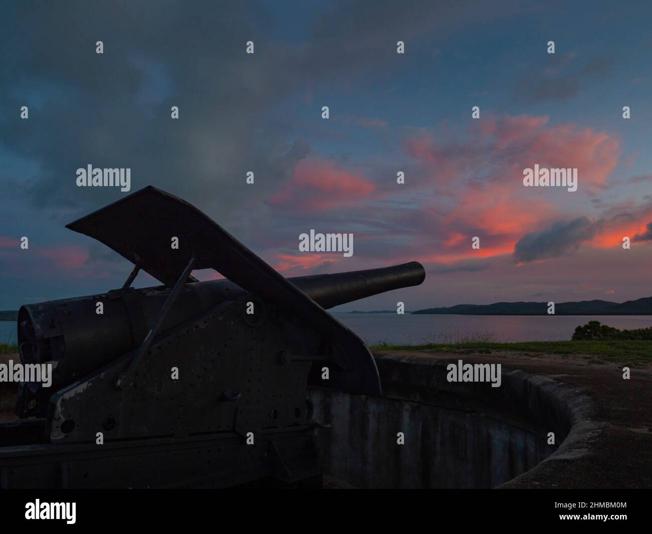 A 6 inch coastal gun at Green Hill Fort, Thursday Island. at sunset ...