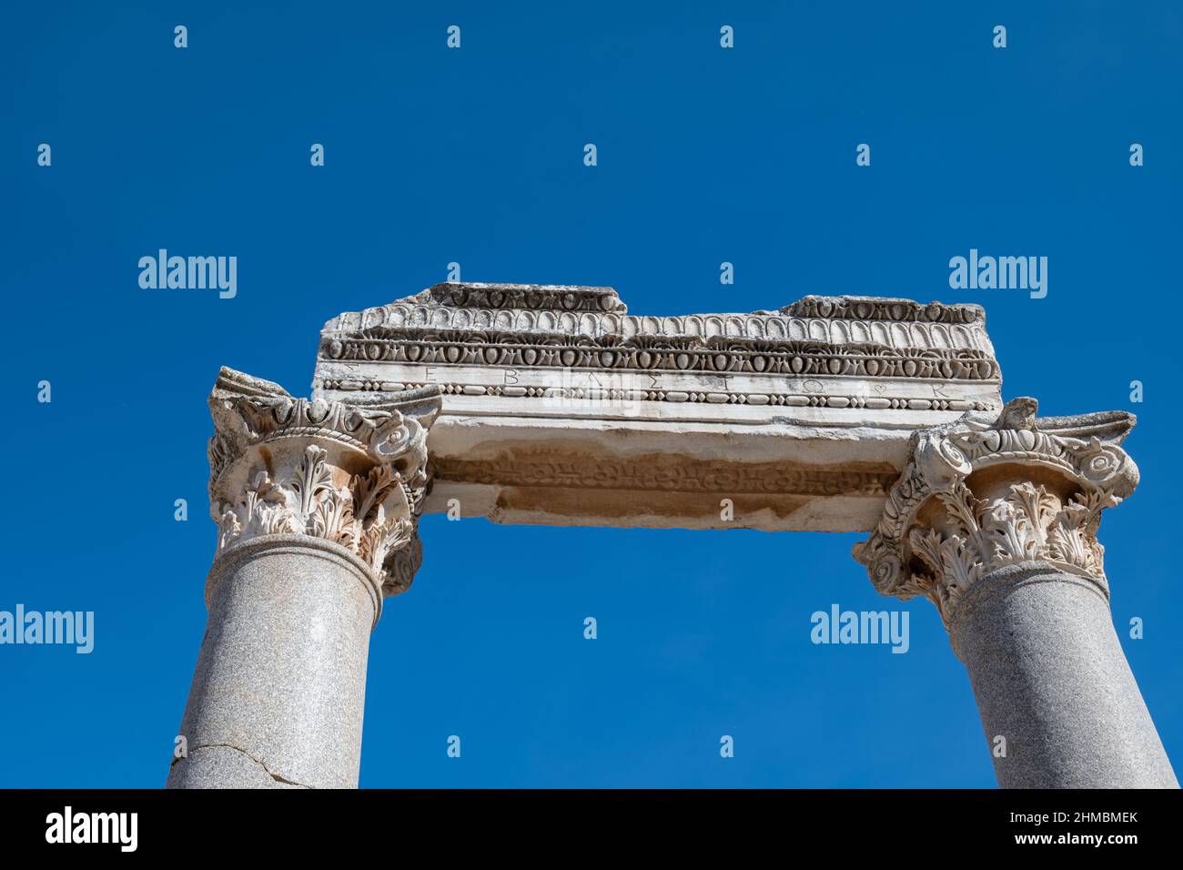 At Ephesus ancient city archeological site, architectural detail of ...