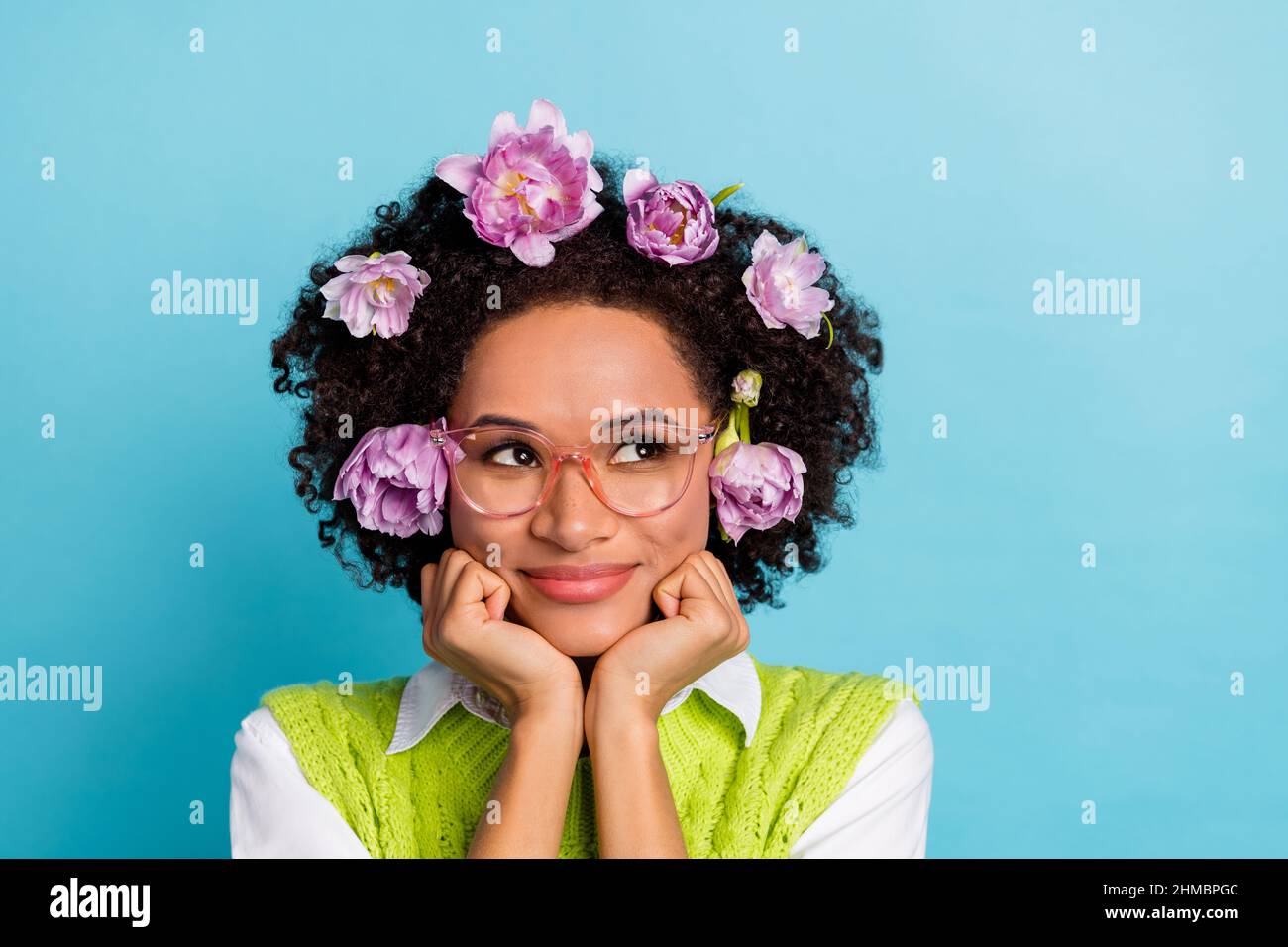 Portrait of adorable lady in casual wear look blank space thinking ...