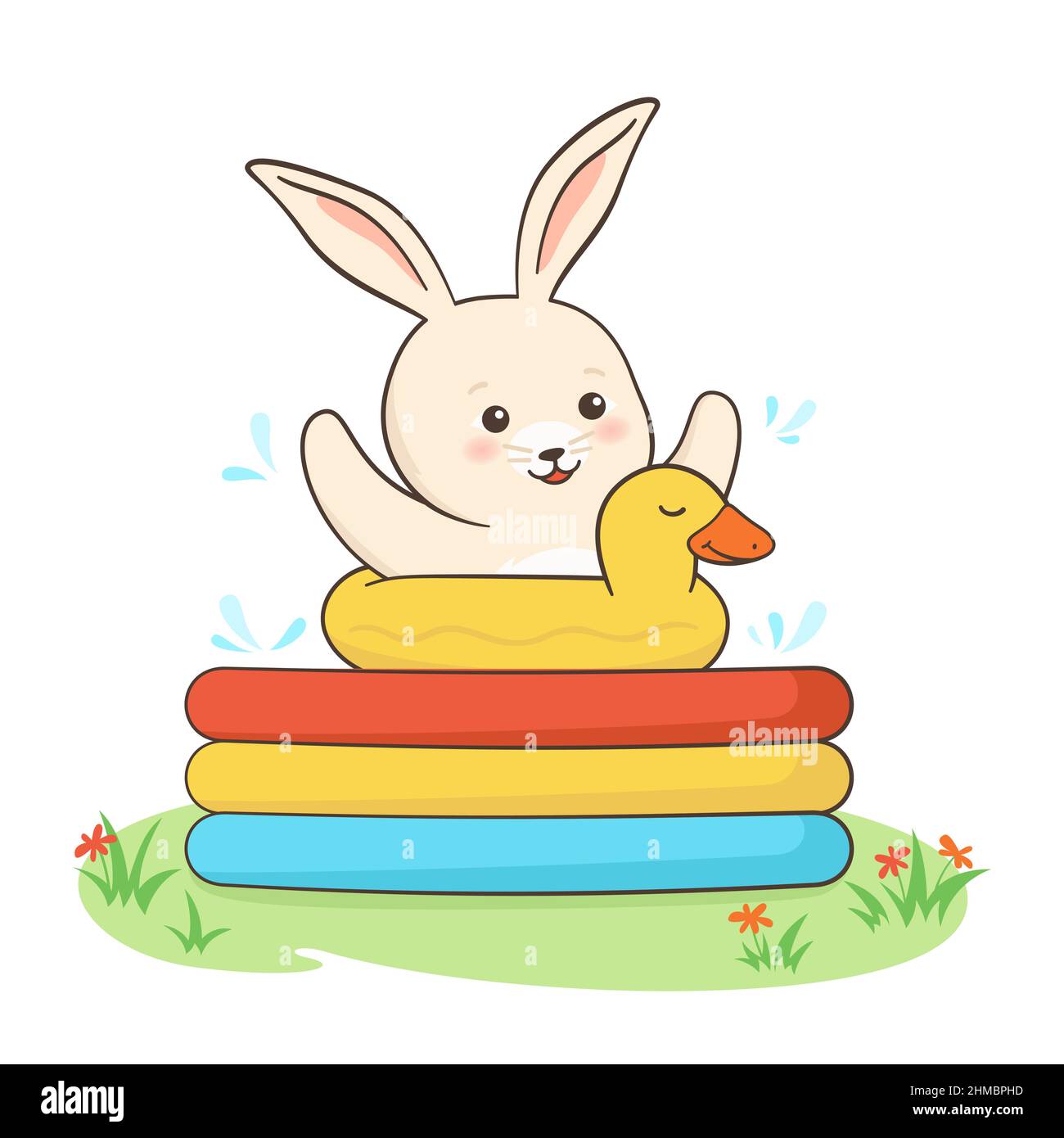 Rabbit swim in swimming pool summer poster. Bunny childish water ...