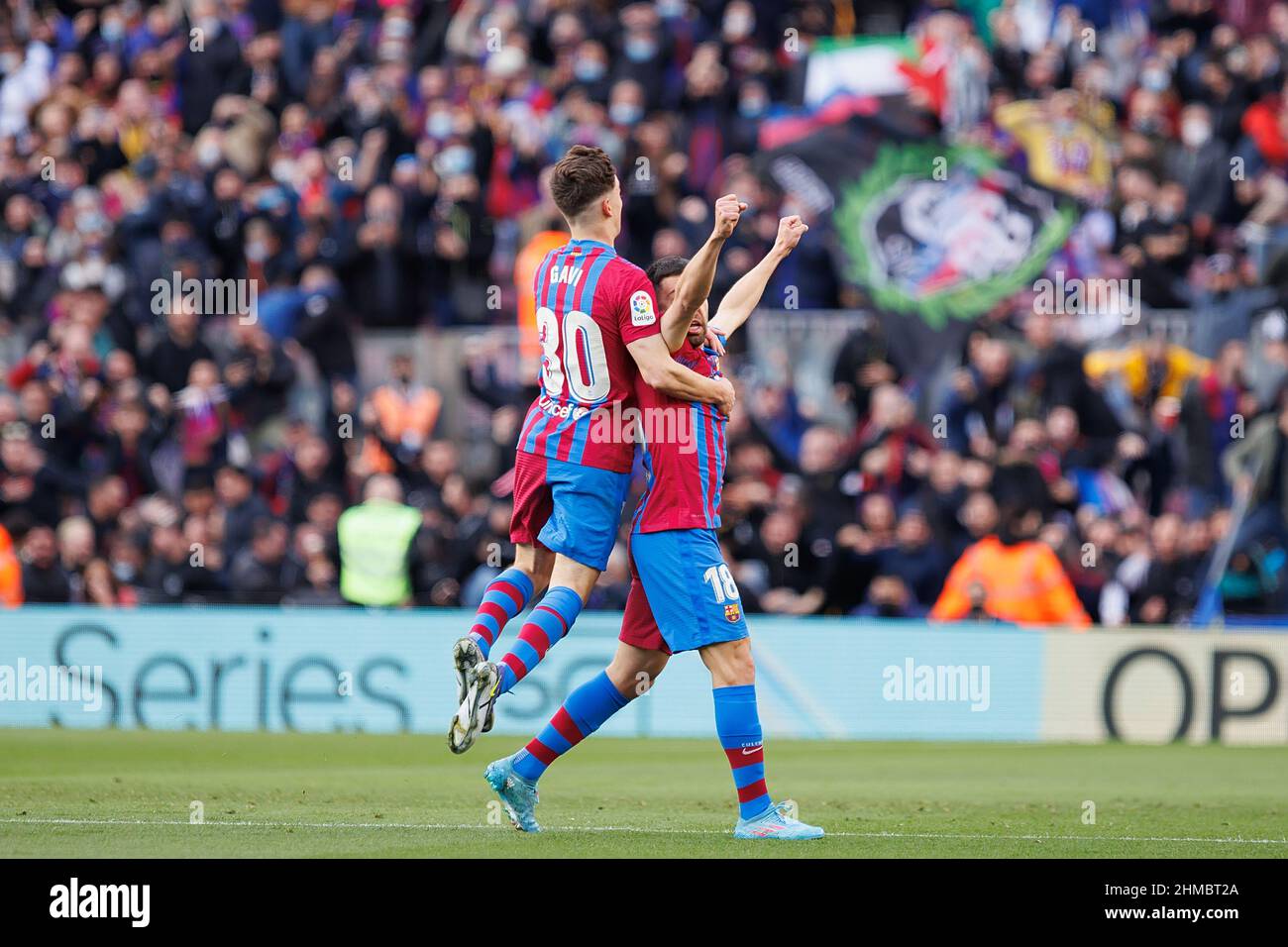 BARCELONA - FEB 6: Jordi Alba celebrates after scoring a goal during ...