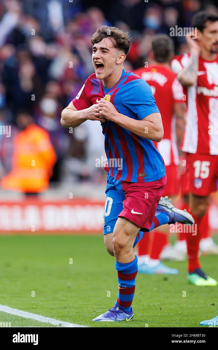 BARCELONA - FEB 6: Gavi celebrates after scoring a goal during the La ...
