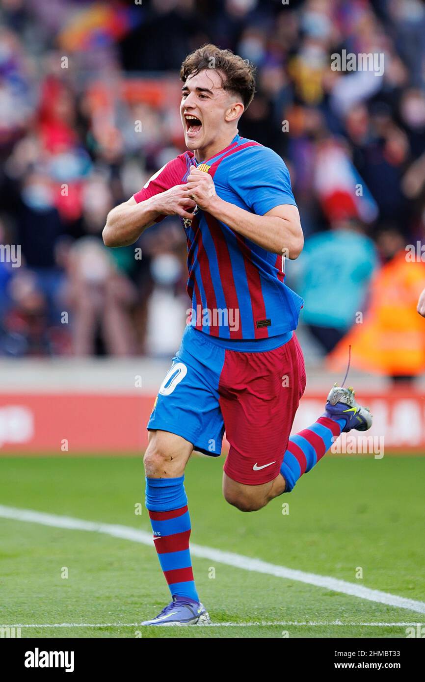 BARCELONA - FEB 6: Gavi celebrates after scoring a goal during the La ...