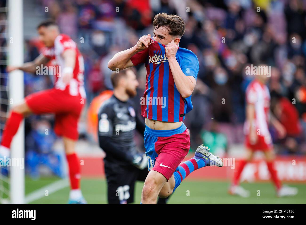 BARCELONA - FEB 6: Gavi celebrates after scoring a goal during the La ...