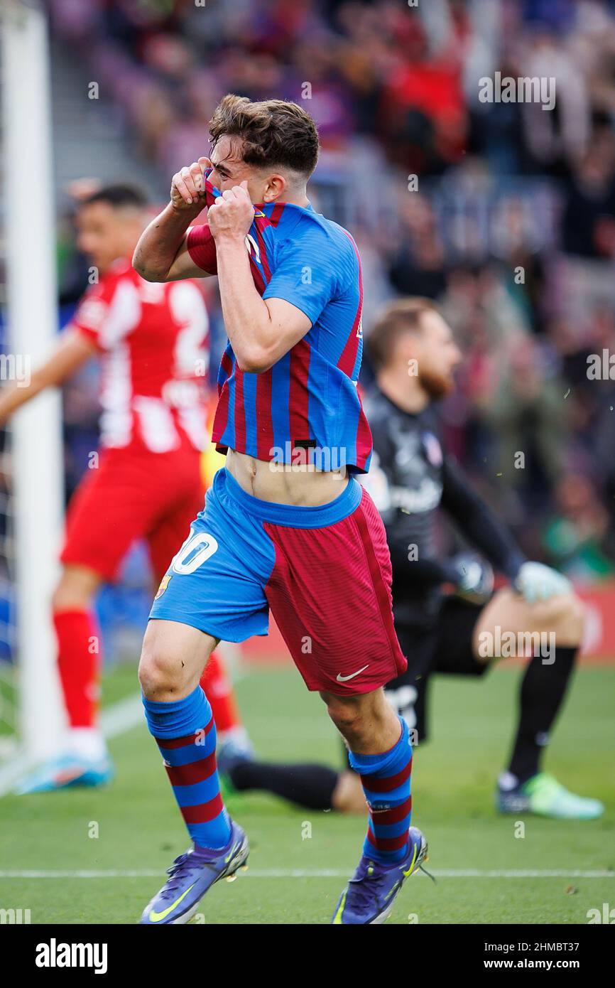 BARCELONA - FEB 6: Gavi celebrates after scoring a goal during the La ...