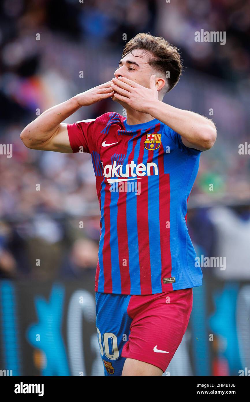 BARCELONA - FEB 6: Gavi celebrates after scoring a goal during the La ...