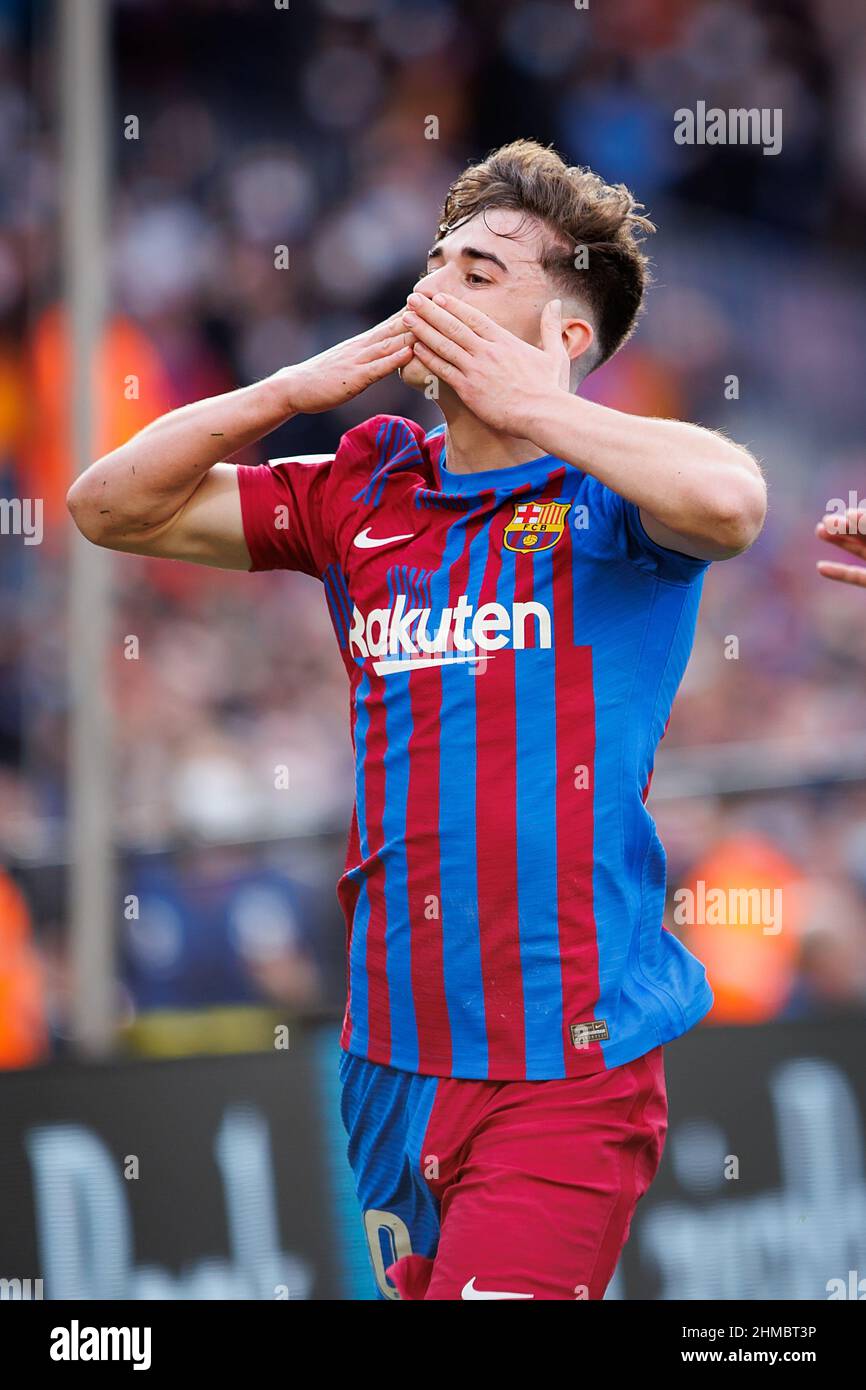 BARCELONA - FEB 6: Gavi celebrates after scoring a goal during the La ...