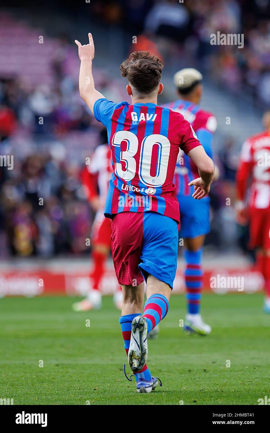 BARCELONA - FEB 6: Gavi celebrates after scoring a goal during the La ...