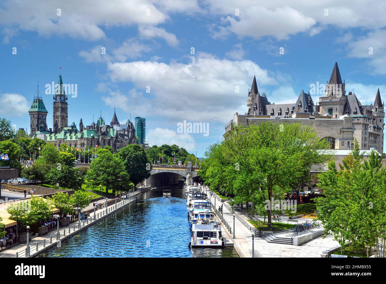 Boats docked in the Rideau Canal, a UNESCO World Heritage site. The ...