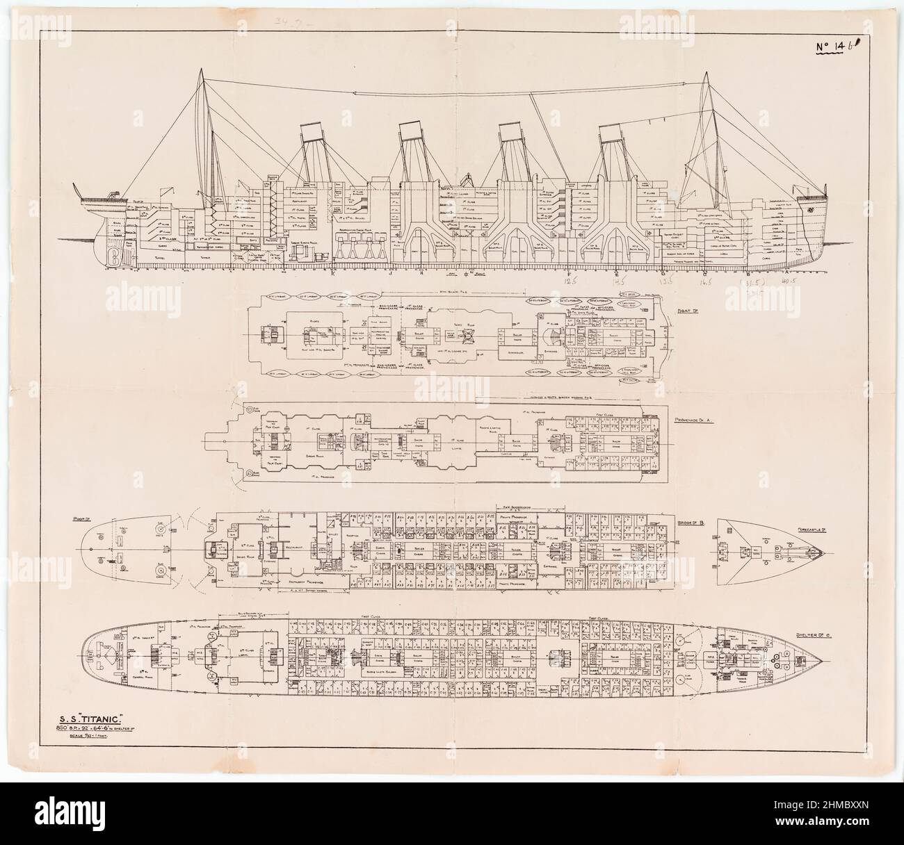 Profile and deck views of the Titanic, illustration Stock Photo - Alamy