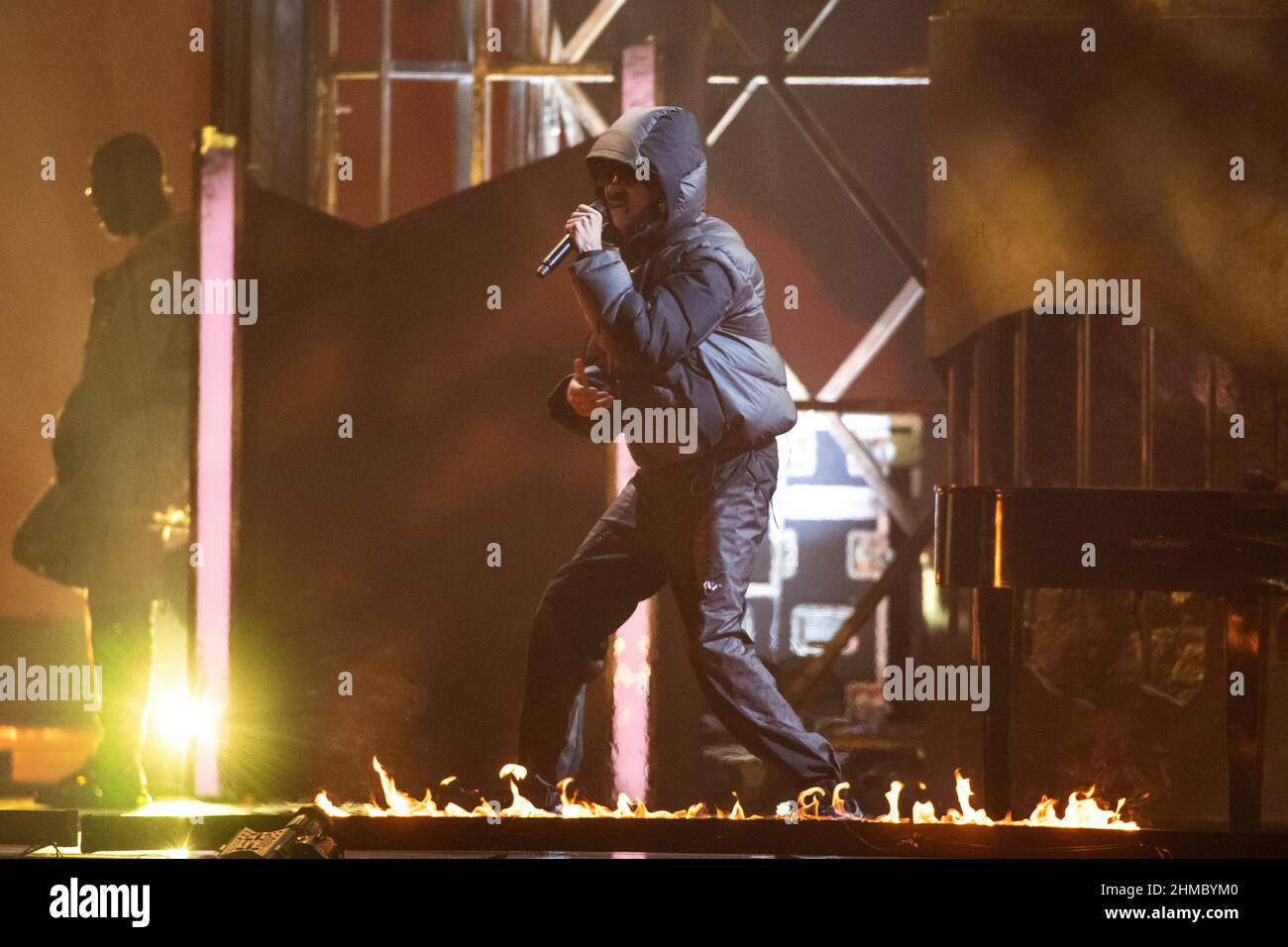 London, UK. 8 February 2022. Meekz performing with Dave on stage during ...