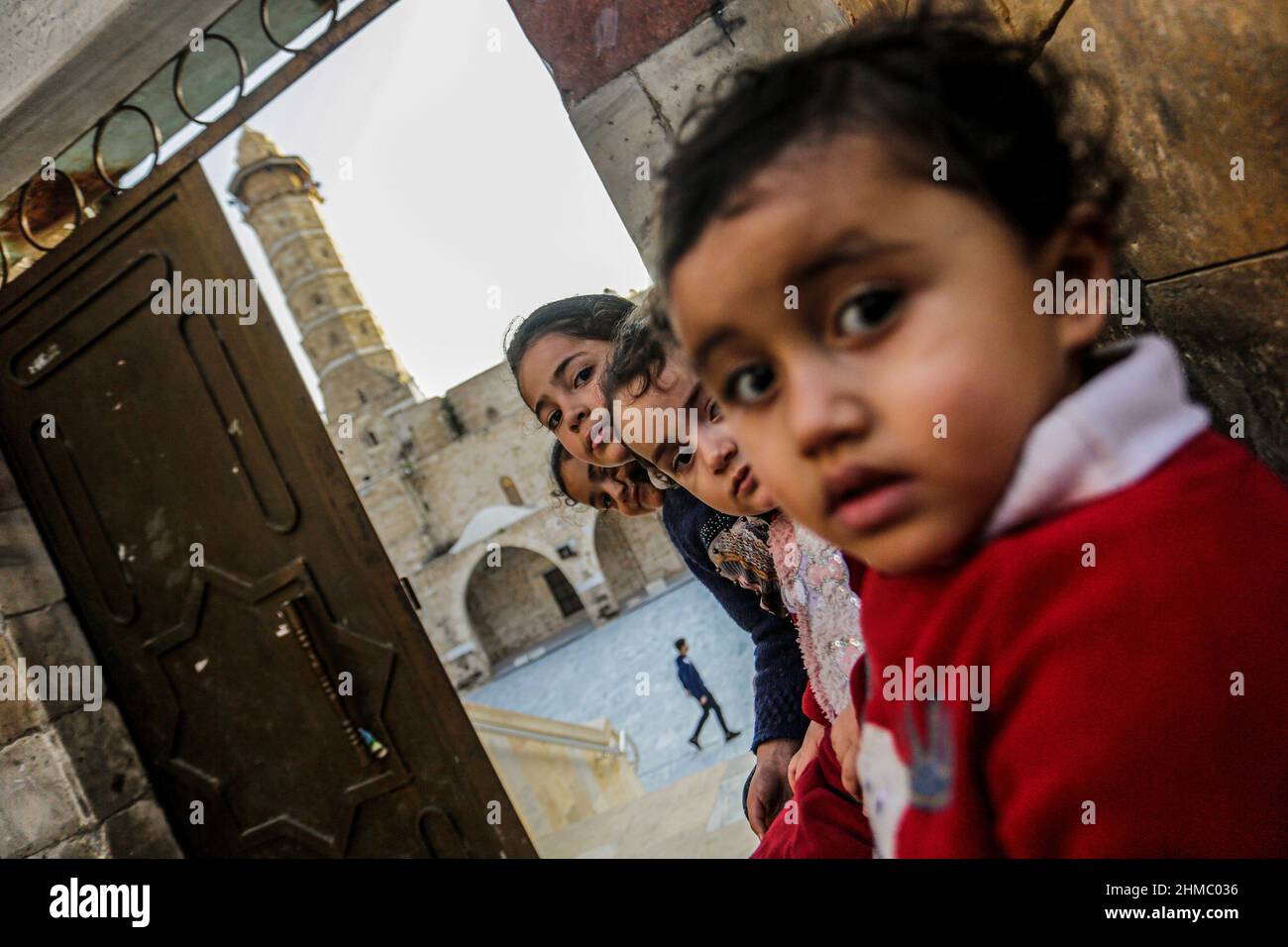 Palestinian children play in the courtyard of the Great Omari Mosque in ...