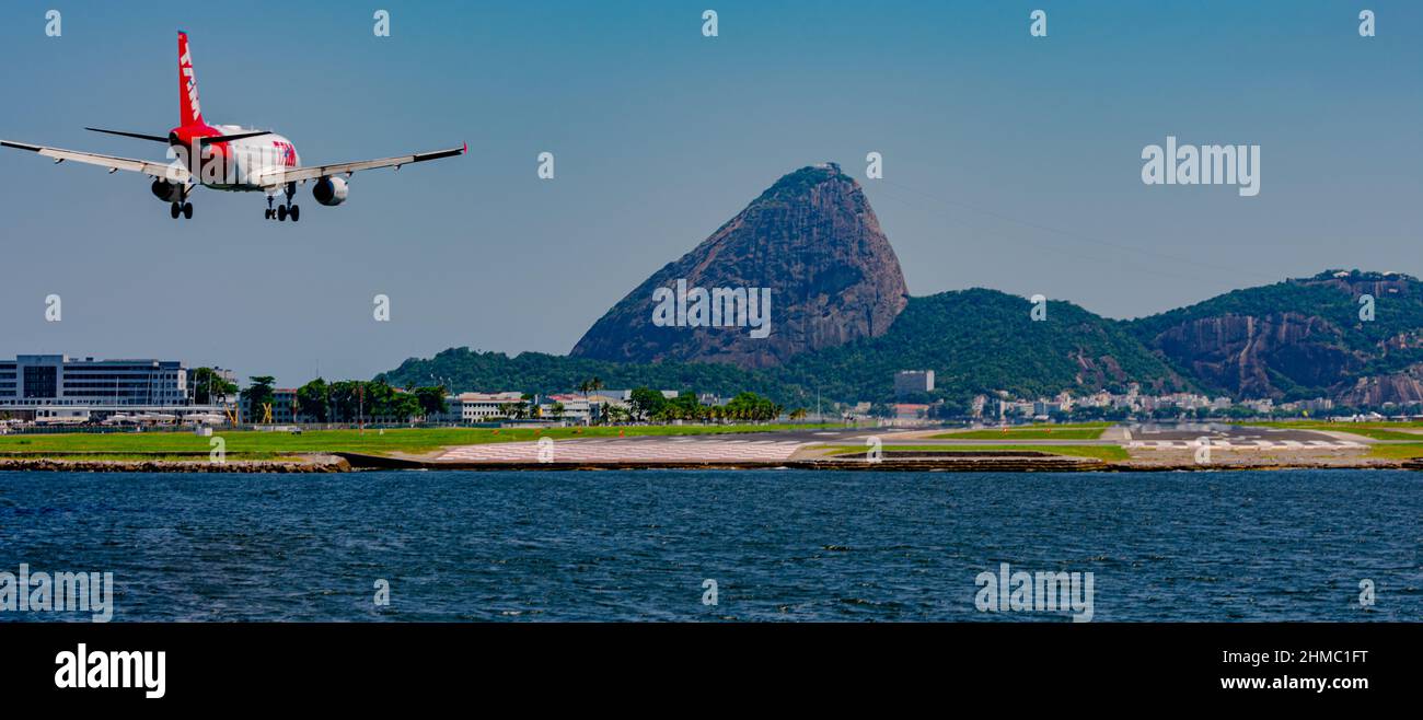Rio de Janeiro, Brazil - CIRCA 2020: Commercial plane landing on the ...