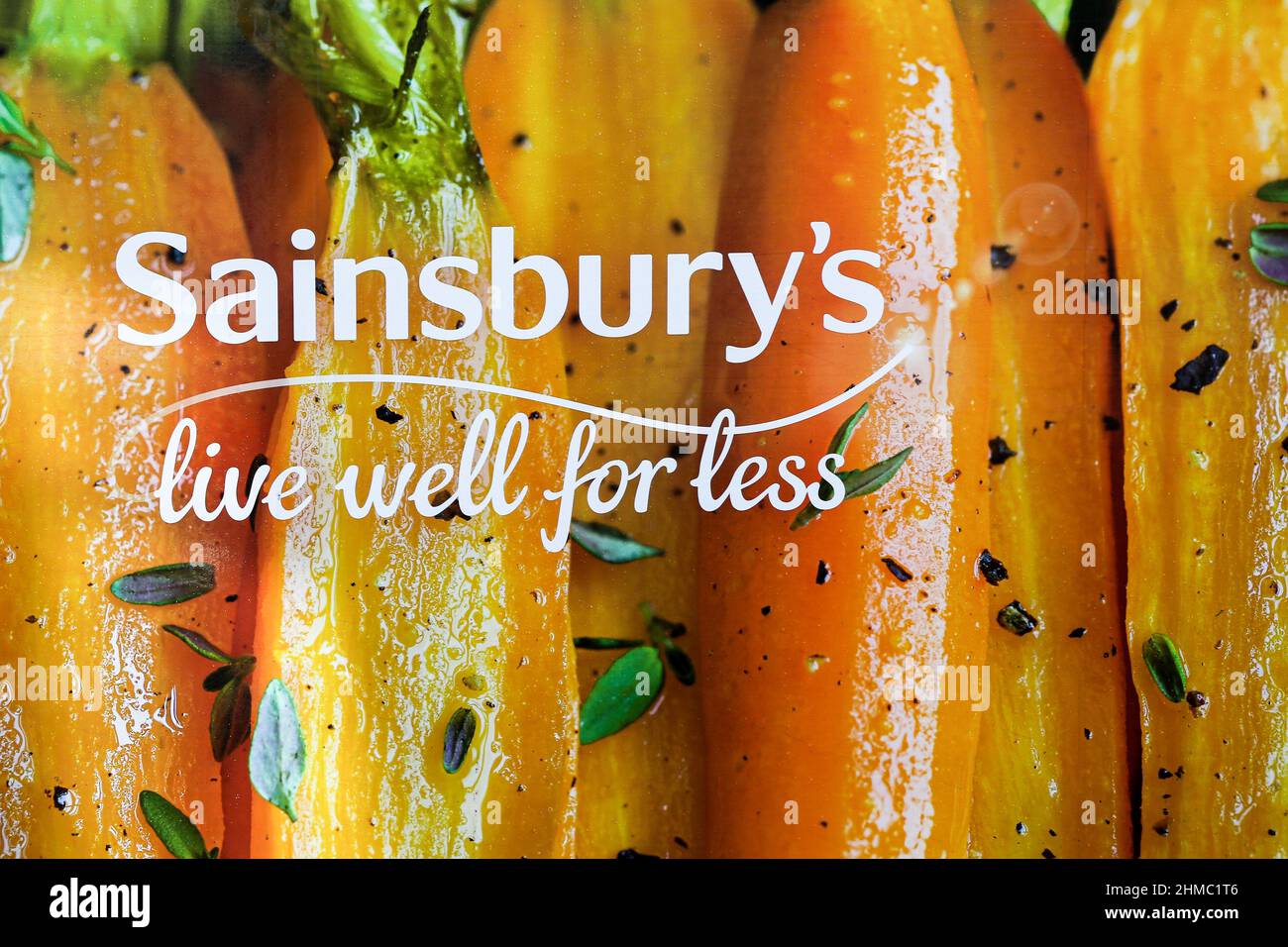 London, UK. 6th Feb, 2022. Sainsbury's logo and their brand slogan ...