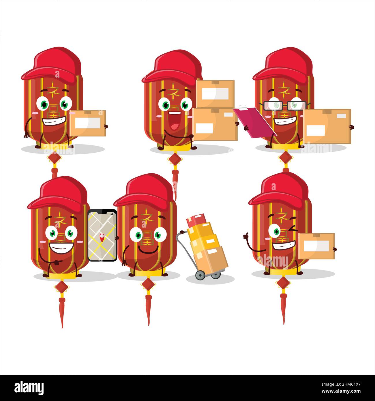 Cartoon character design of red chinese long lamp working as a courier ...