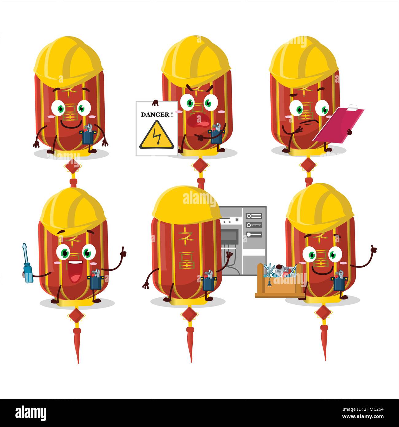 Professional Lineman red chinese long lamp cartoon character with tools ...