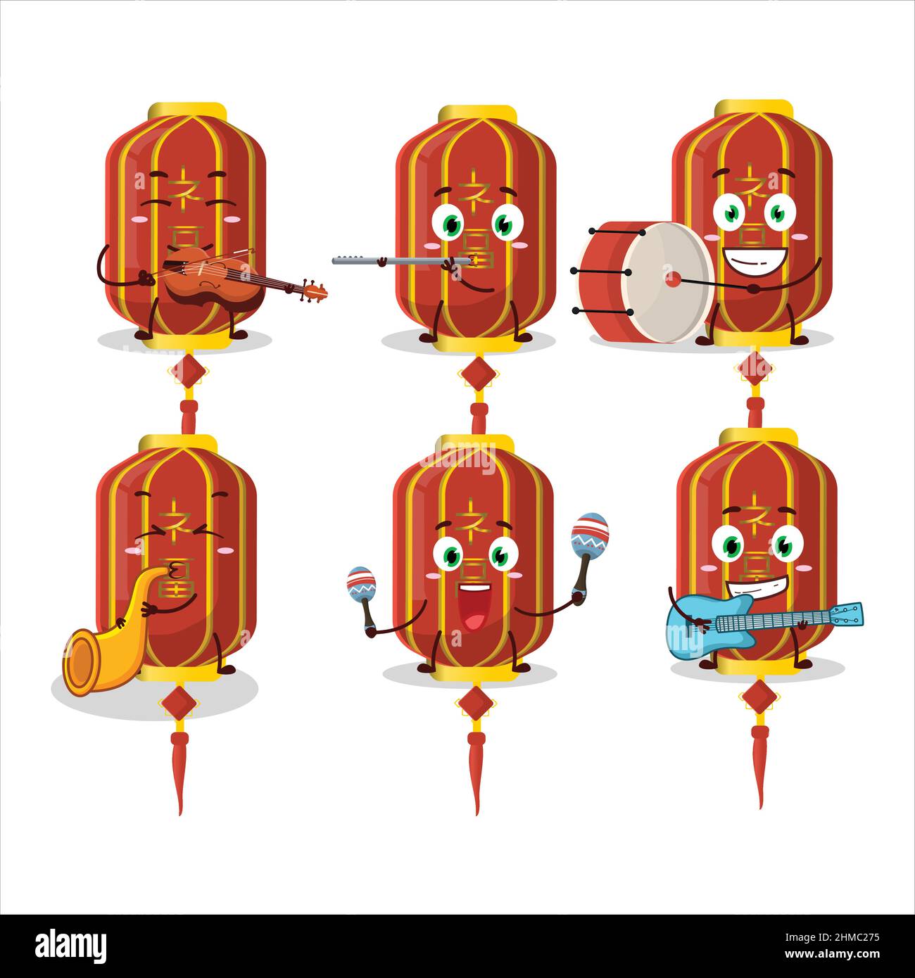 Cartoon character of red chinese long lamp playing some musical ...