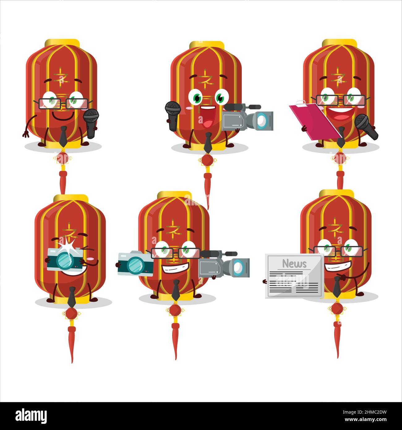 Character reporter red chinese long lamp cute mascot with microphone ...