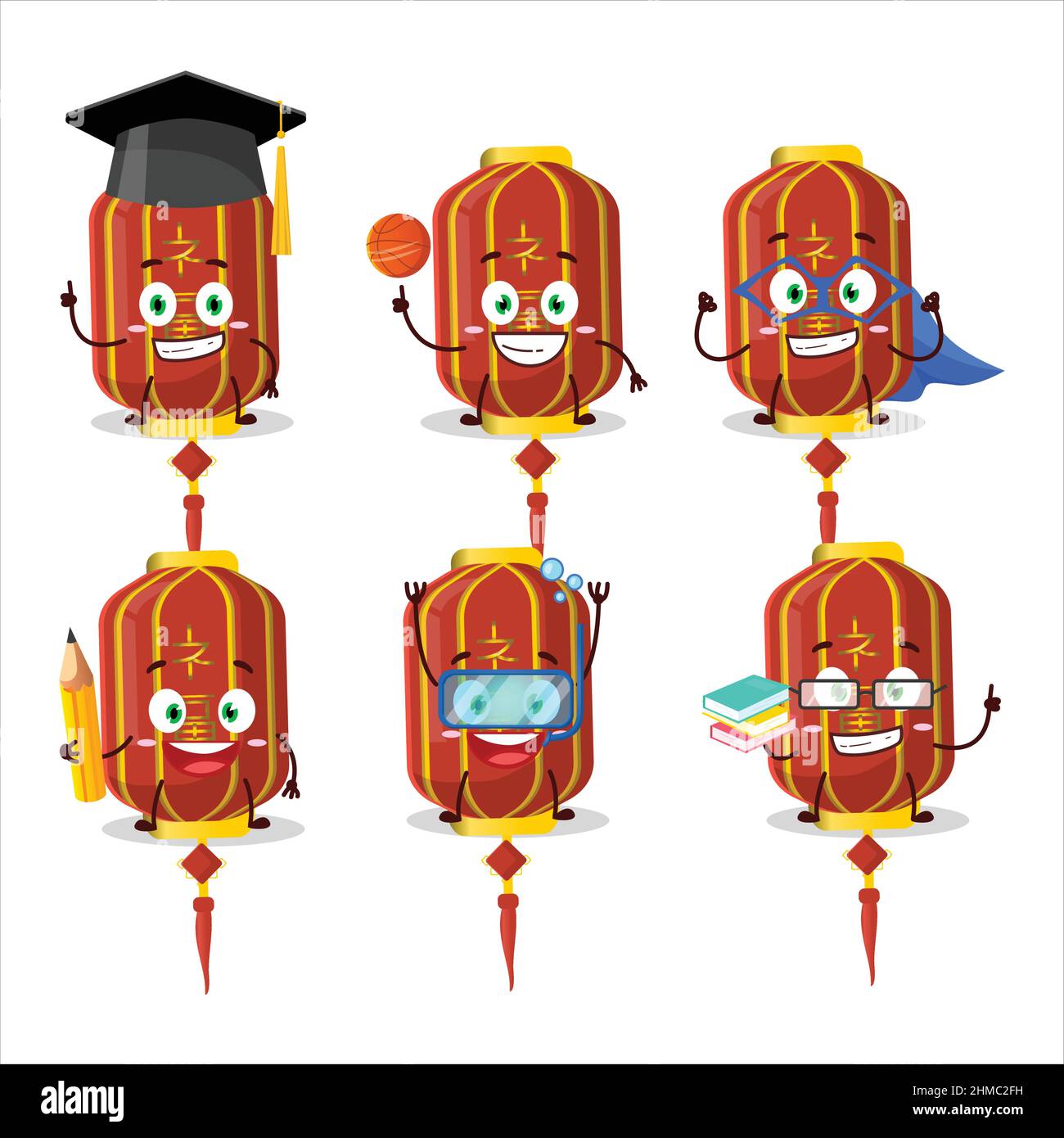 School student of red chinese long lamp cartoon character with various ...