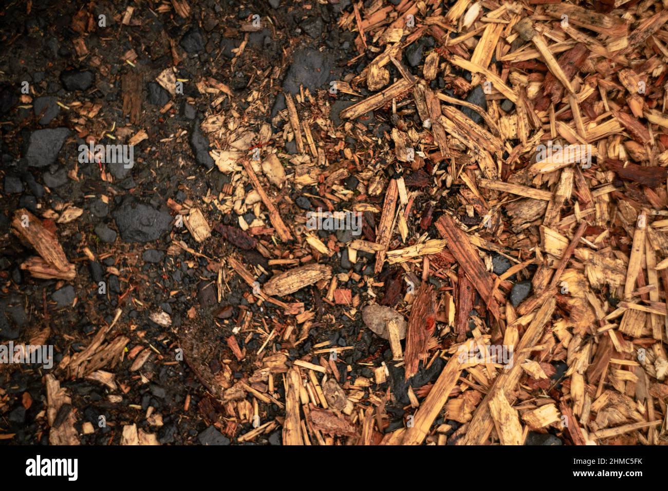 Top view of chopped wood and black coal on the ground Stock Photo - Alamy
