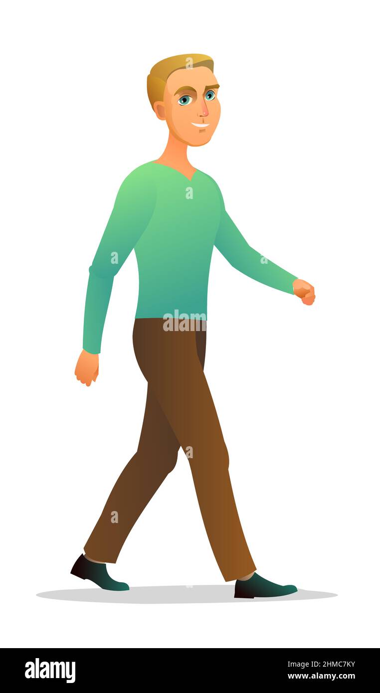 Boy is walking. Guy in sweater and pants. Cheerful person character ...