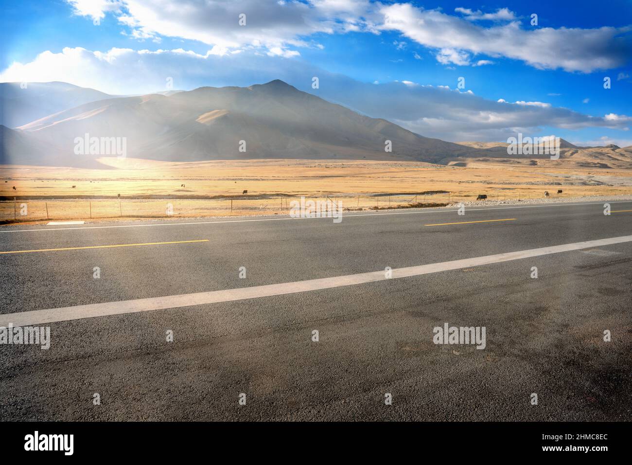 Scenic shot of an empty road in the middle of a dry plain field Stock ...