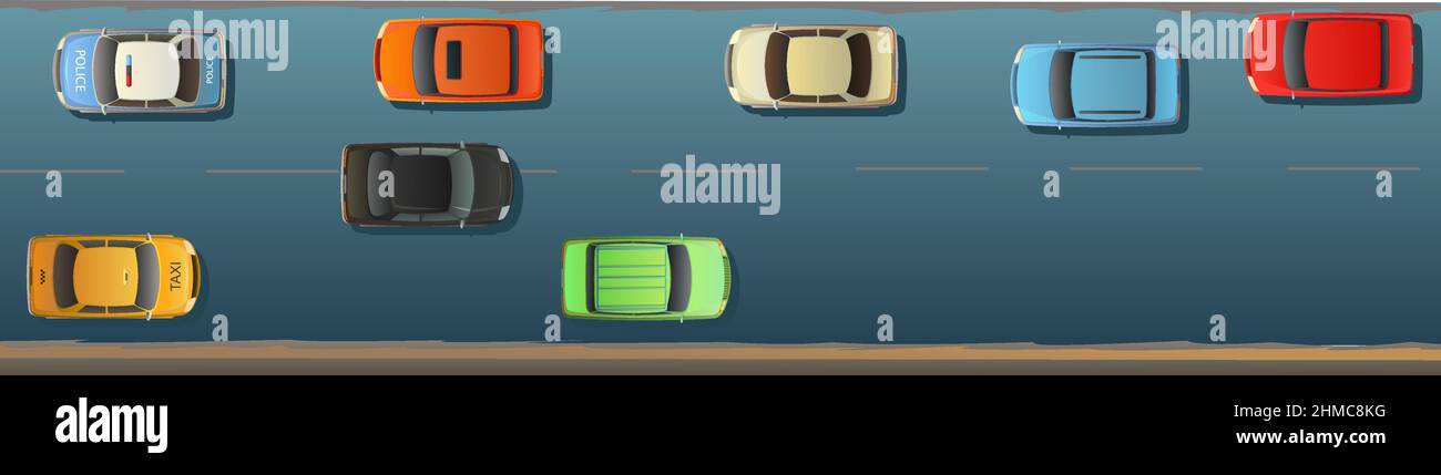 Road with car traffic. View from above. Modern cars. Cartoon cute style ...