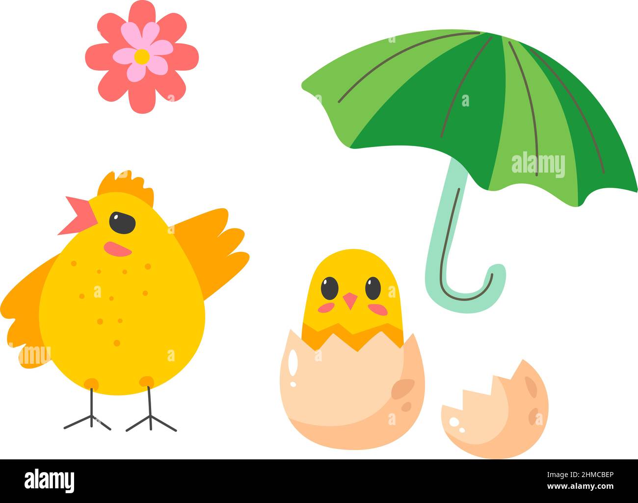 Easter holiday symbols, isolated hen with small chicken in eggshell ...