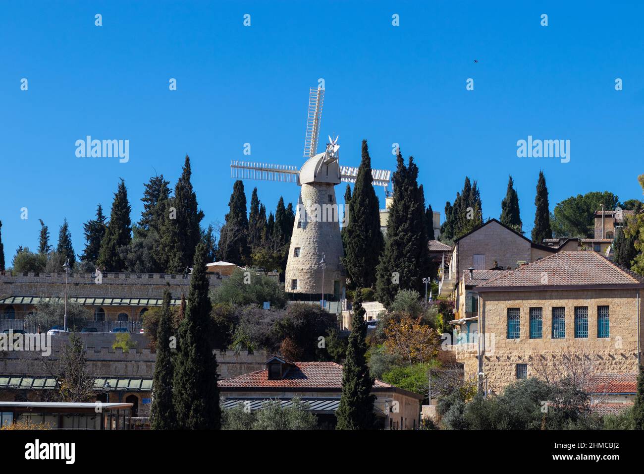 The famous ancient flour mill on Yemin Moshe in Jerusalem on the ...