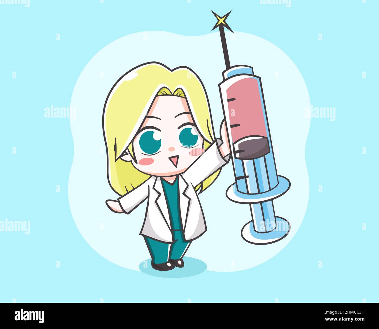 cute doctor girl holding a huge injection cartoon illustration Stock ...