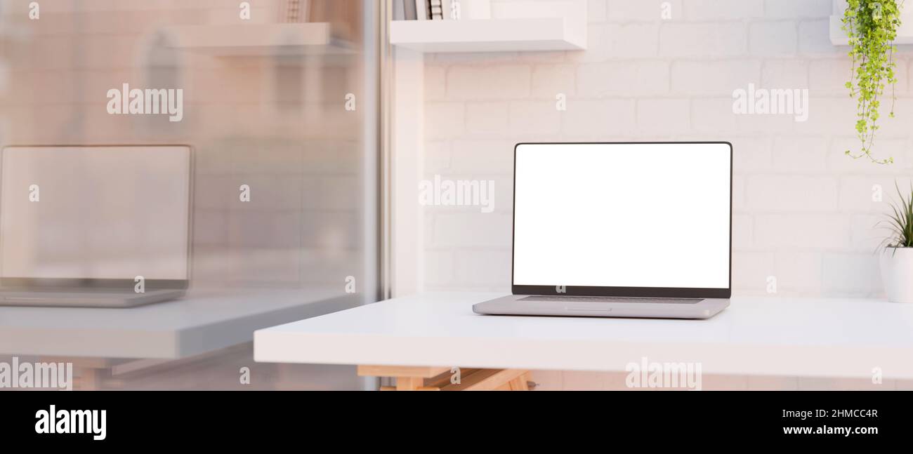 Close-up, Modern office workspace with laptop computer white screen ...