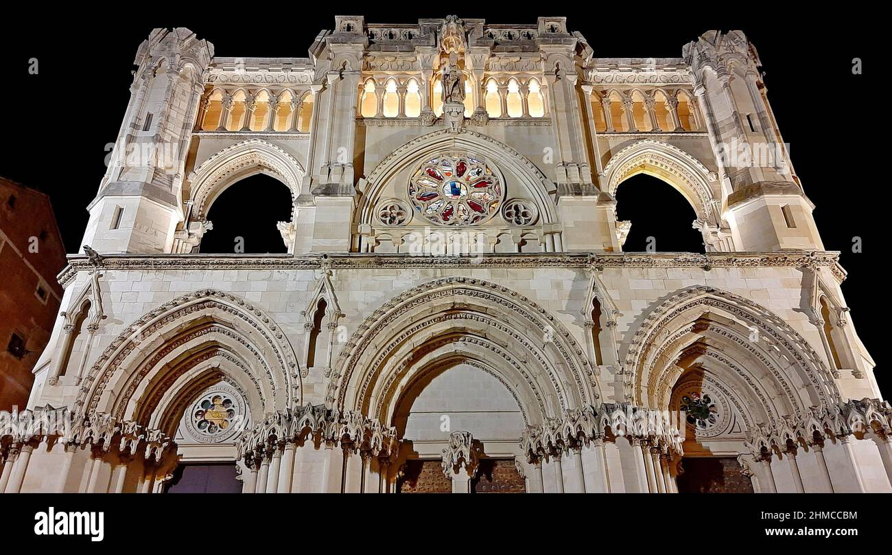 Low angle of the Cuenca cathedral and Plaza Mayor in Spain at night ...