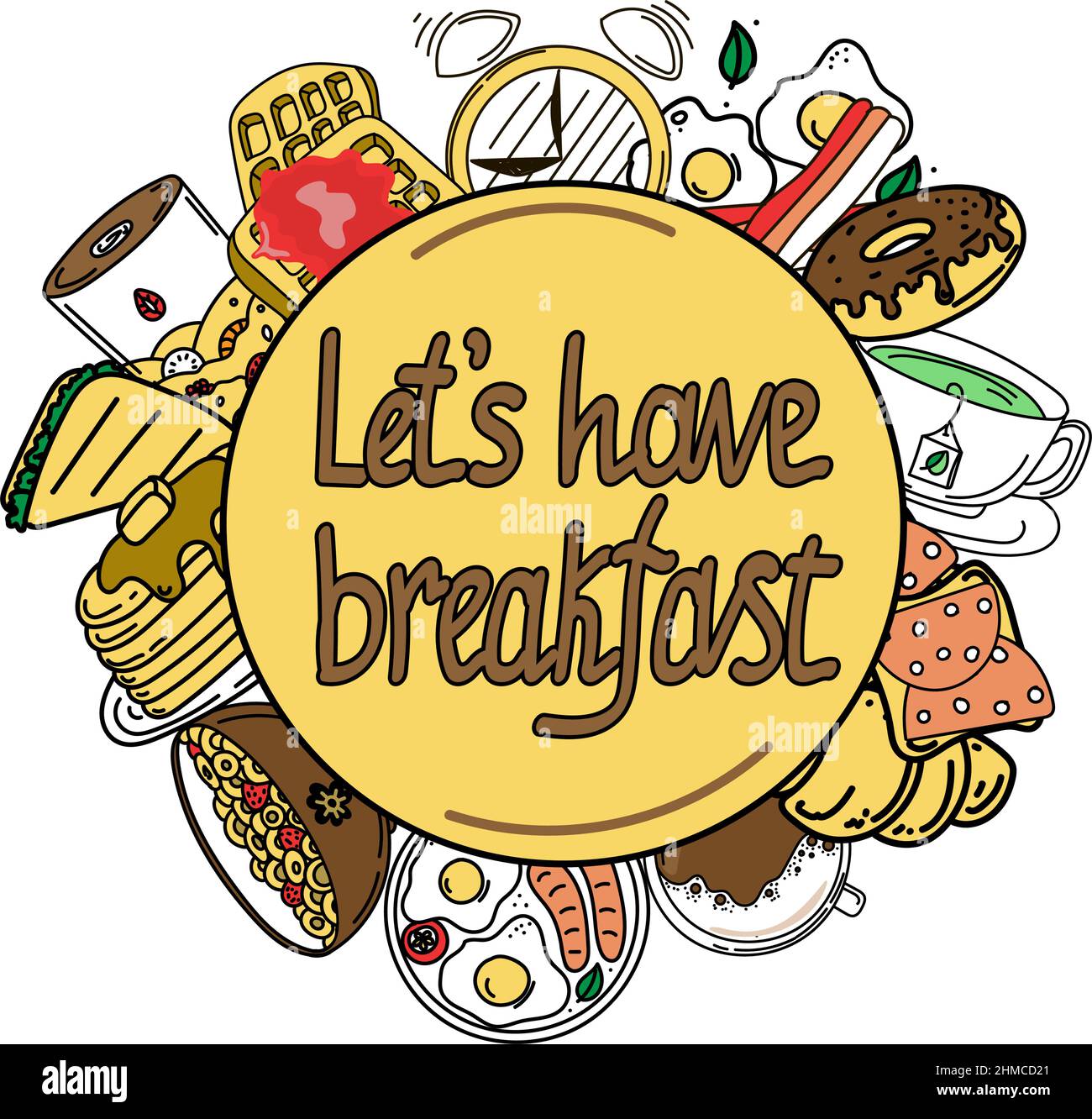 Breakfast emblem template, hand-drawn elements in doodle style. Let's ...