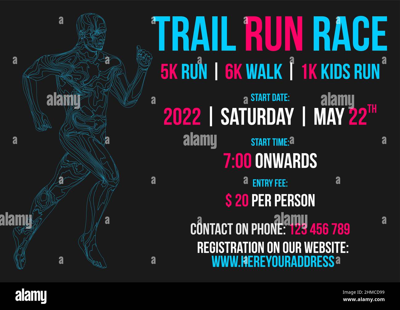 Trail run race vector flyer, label with blue outline runner silhouette ...