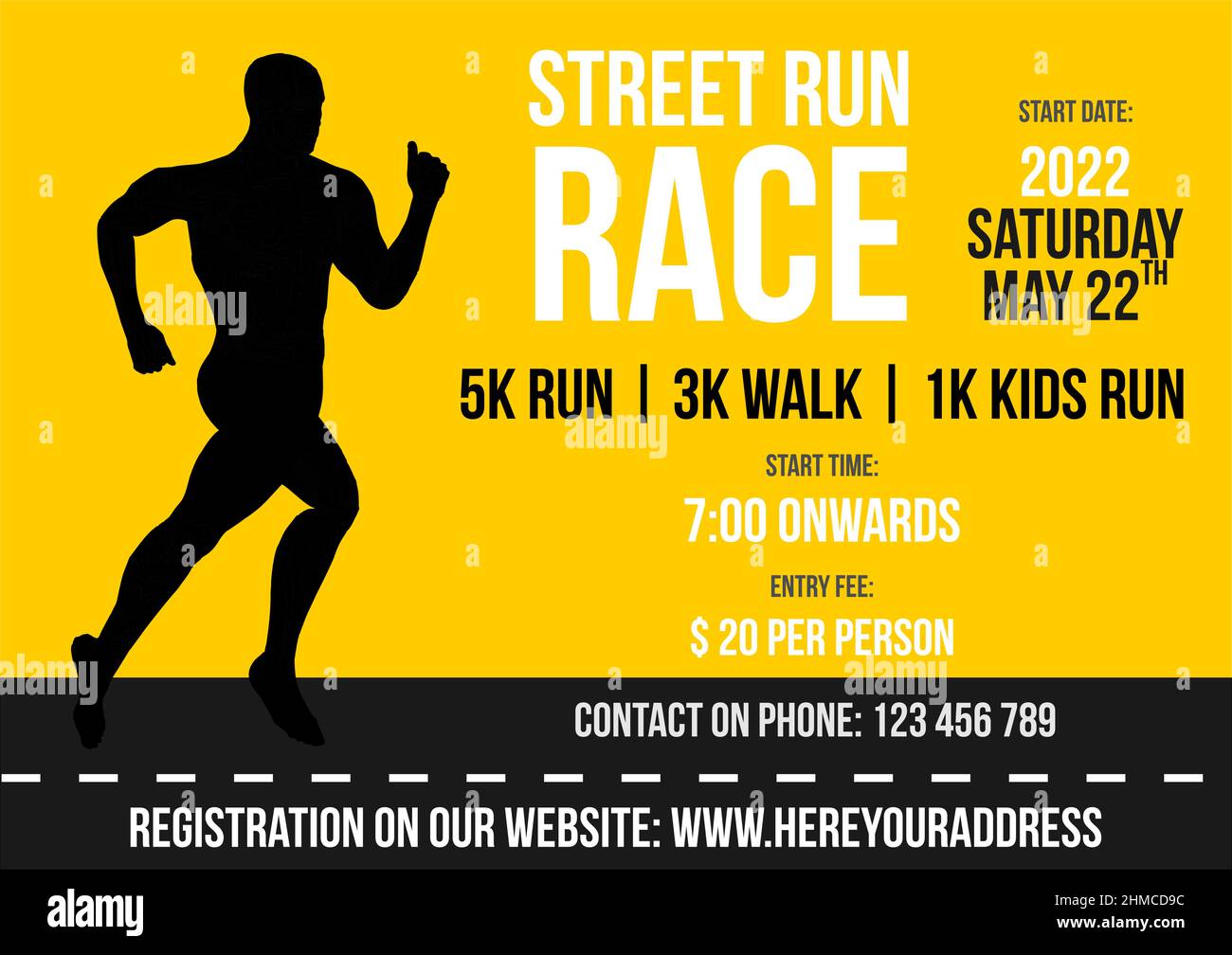 Street run race vector flyer, label with black runner silhouette on ...