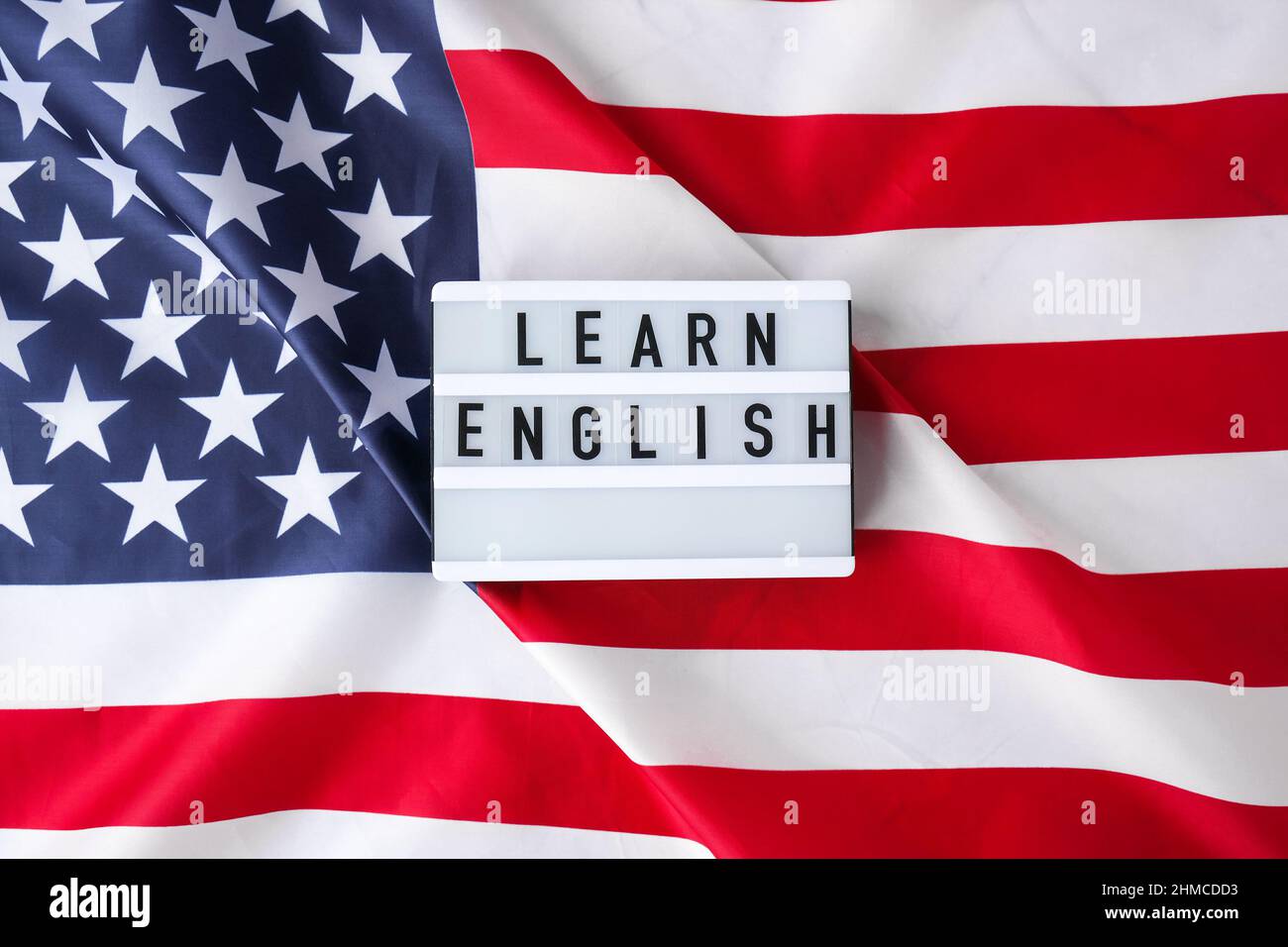 American flag. Lightbox with text LEARN ENGLISH Flag of the united ...