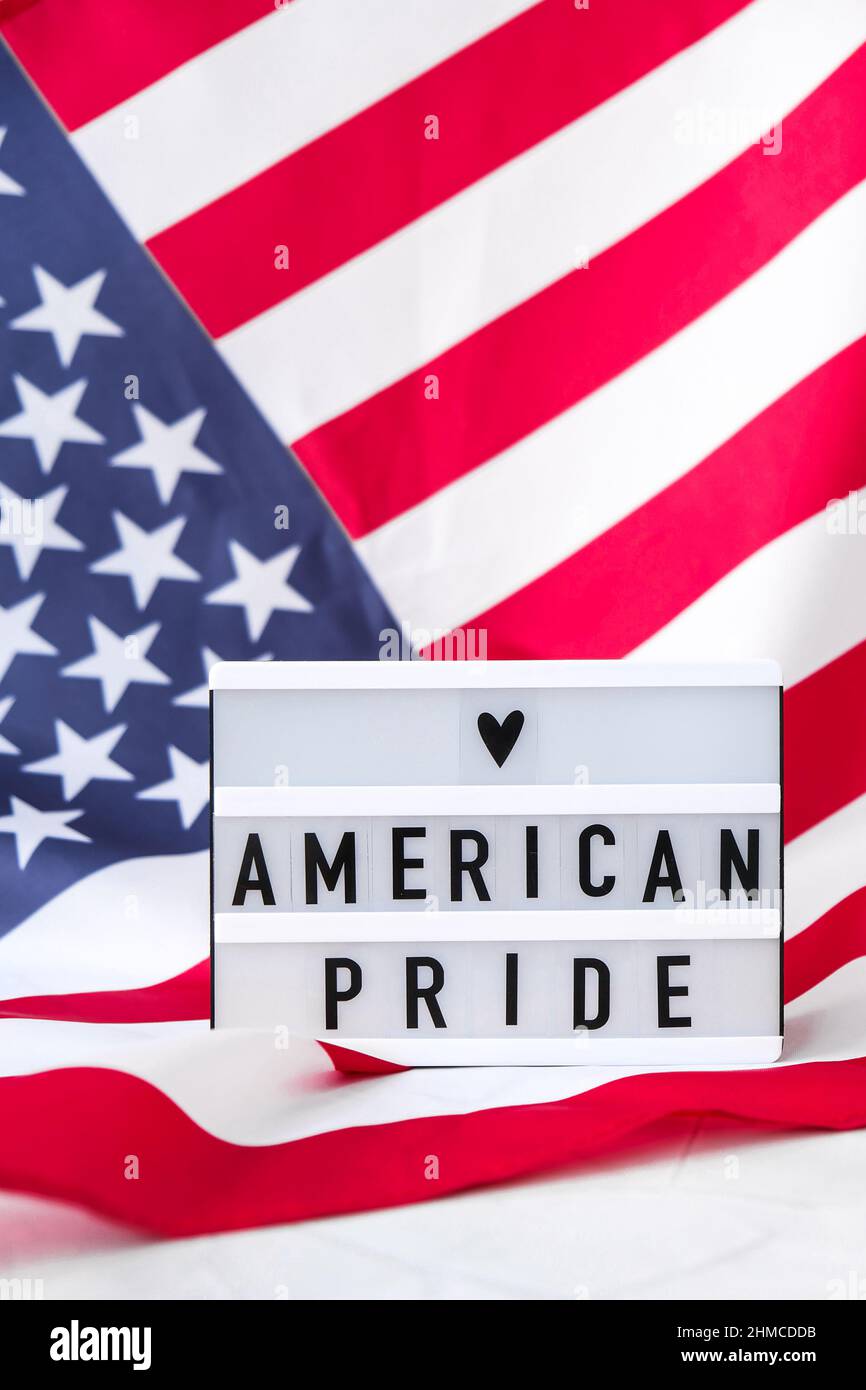 American flag. Lightbox with text AMERICAN PRIDE Flag of the united ...
