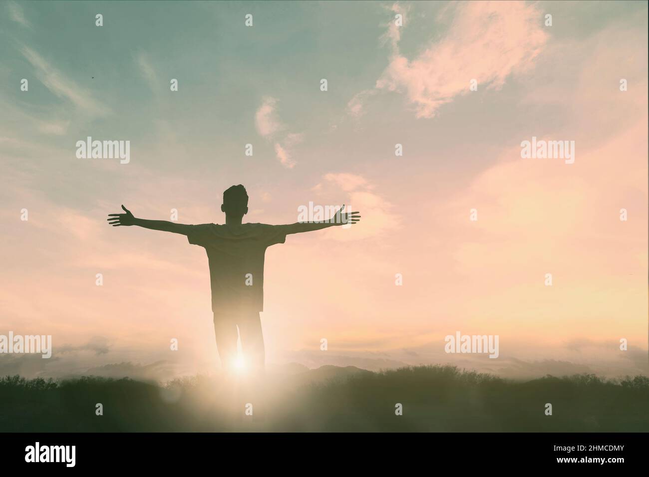 Happy man thinking felling depression energy mission on background ...