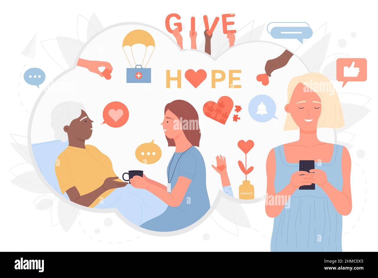 Volunteers help and care old people vector illustration. Cartoon girl ...